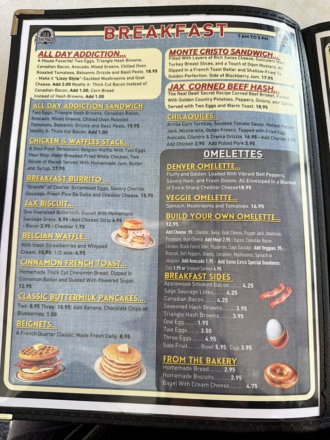 The breakfast menu reads like a love letter to morning indulgence – "All Day Addiction" isn't just a clever name, it's a diagnosis.