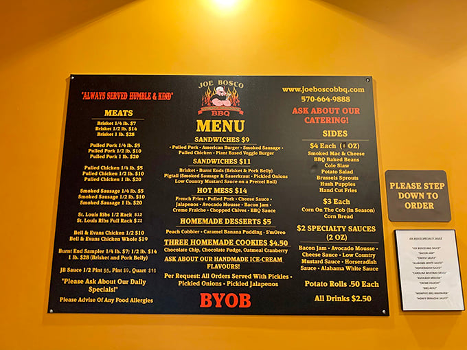 This menu isn't just a list of options—it's a roadmap to happiness. Note the "BYOB" at the bottom, because great BBQ deserves your favorite beverage.