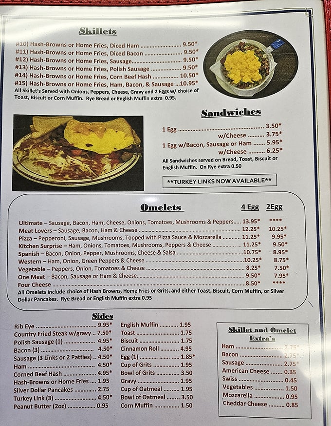 A menu that doesn't need fancy fonts to impress—just honest breakfast offerings that could fuel a tractor pull or cure what ailed you last night.