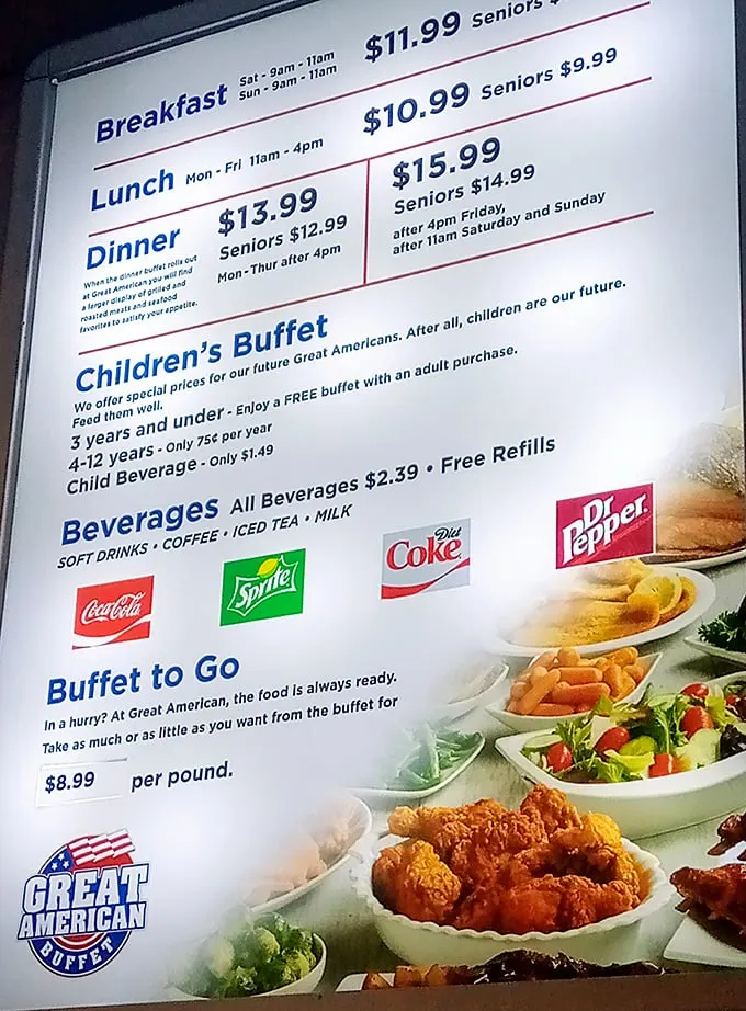 The menu board—a roadmap to happiness that somehow makes "all-you-can-eat" sound like a personal challenge rather than a business model. 