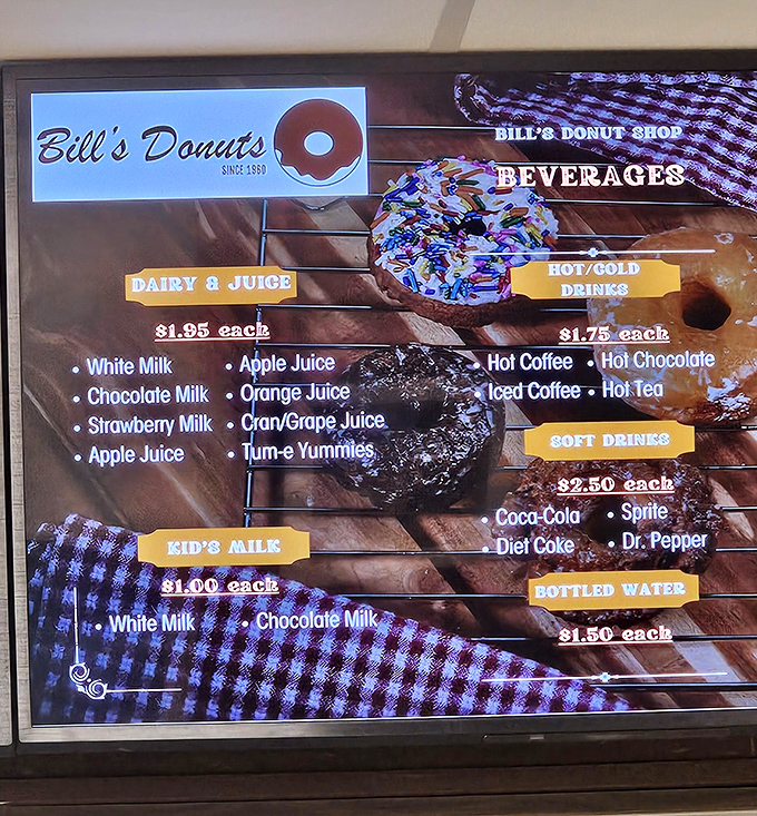 The menu board at Bill's keeps it refreshingly simple. No avocado toast or deconstructed anything—just donuts and drinks that actually quench thirst.