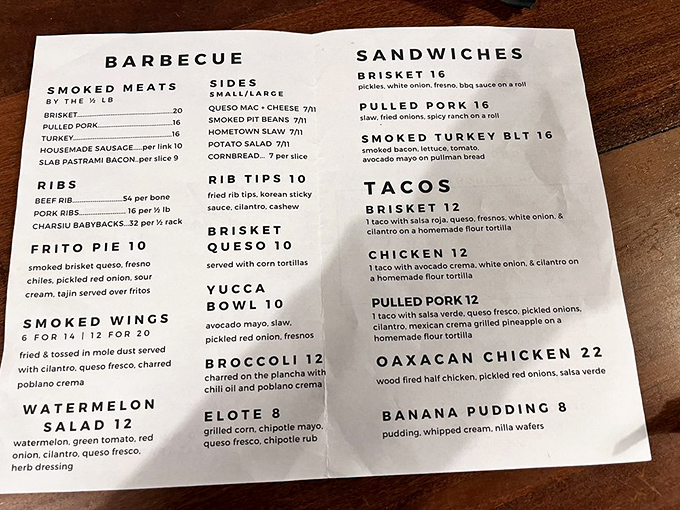 This menu isn't just a list – it's a roadmap to happiness with detours through brisket country, rib territory, and the promised land of banana pudding.