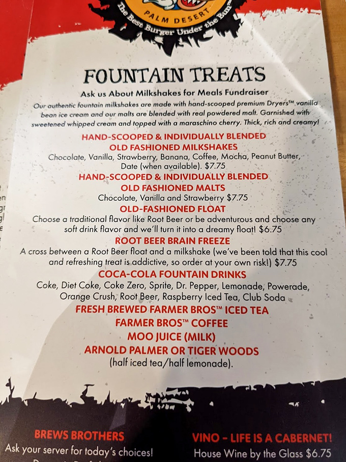 This isn't just a menu—it's a roadmap to happiness. Hand-scooped shakes and fountain treats that would make your grandparents misty-eyed with nostalgia.
