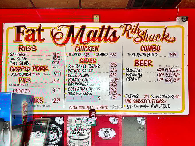 The menu board speaks fluent barbecue – no translation needed when hunger is your native language.