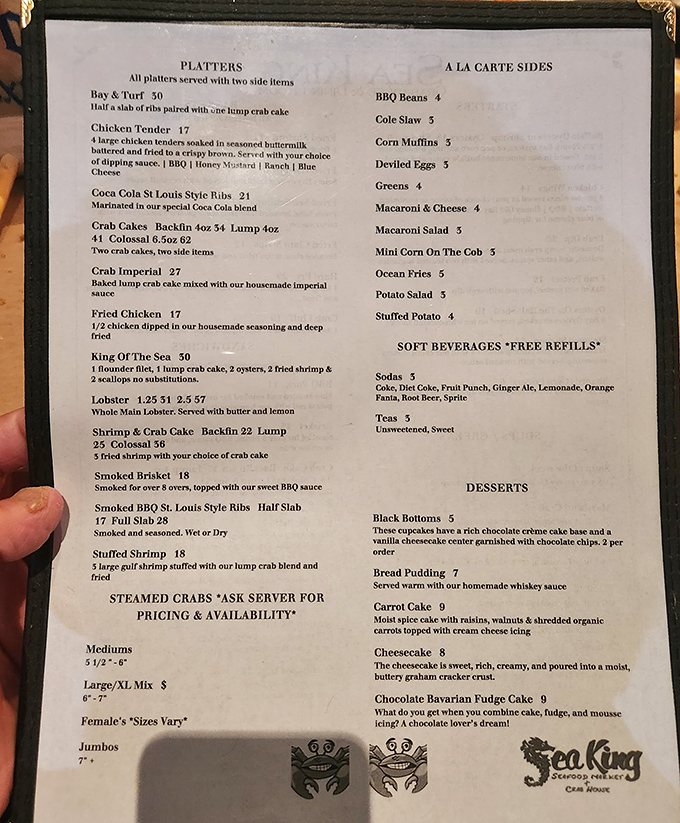 This menu isn't just a list—it's a treasure map where X marks the spot for Maryland's finest seafood bounty.