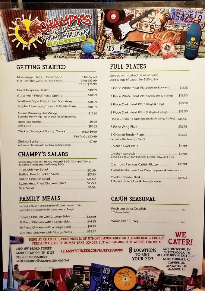 The menu reads like a love letter to Southern comfort food. Those three magic words—"freshness is important"—explain why everything tastes so heavenly.