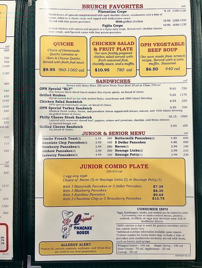 This menu isn't just reading material—it's a roadmap to happiness. The "Brunch Favorites" section should come with a warning: decision-making becomes impossible.
