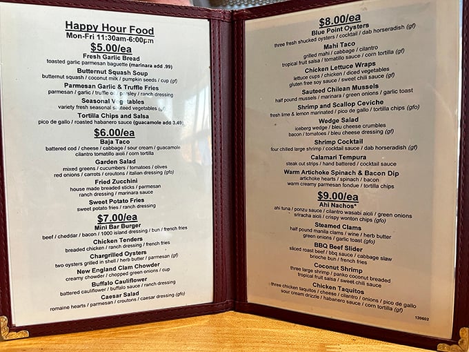 The happy hour menu reads like a treasure map where X marks the spot for seafood bargains that won't sink your wallet.