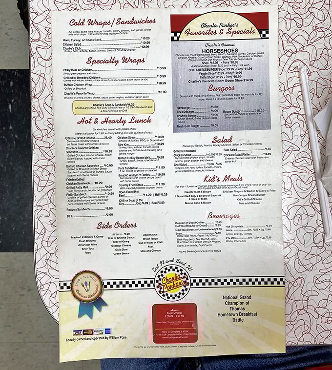 The menu reads like a love letter to comfort food – horseshoes, burgers, and breakfast classics that promise satisfaction without pretension.