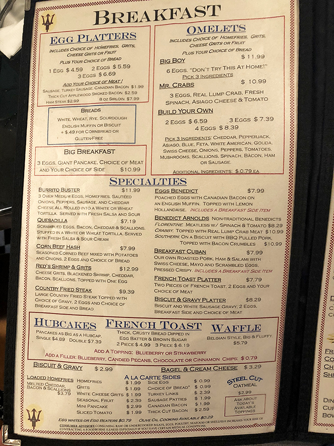 This menu isn't just reading material – it's a roadmap to happiness with landmarks like "Hubcakes" and the ominously named "Big Boy" six-egg omelet challenge.