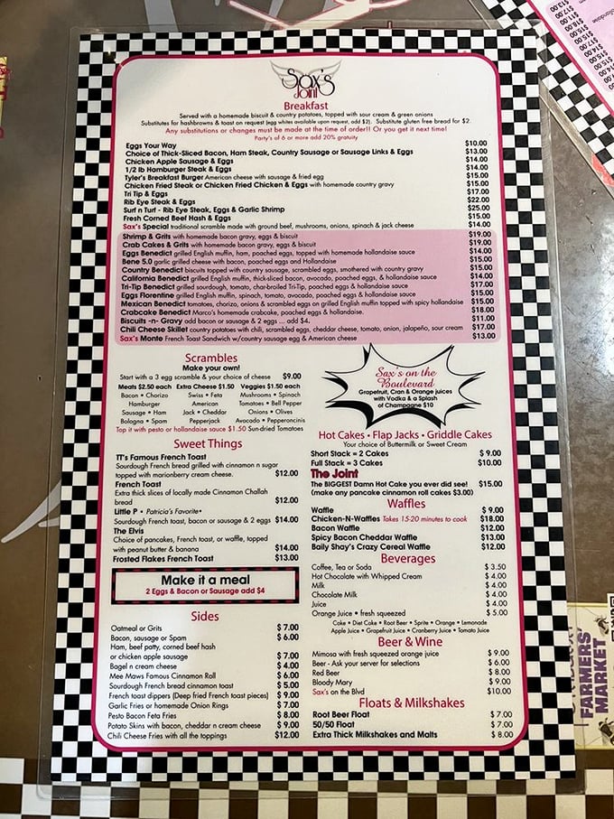 This menu isn't just a list of food – it's a roadmap to happiness with options like "Surf & Turf" and "The Joint" pancake challenge that's defeated many brave souls.