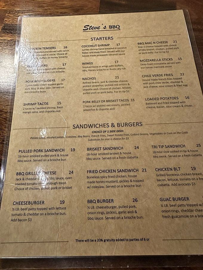 A menu that reads like a love letter to smoked meat enthusiasts—each item promising a different path to barbecue bliss.