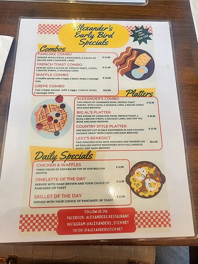 The Early Bird menu isn't just a collection of specials—it's a roadmap to happiness with combos that solve life's greatest morning dilemma: sweet or savory?
