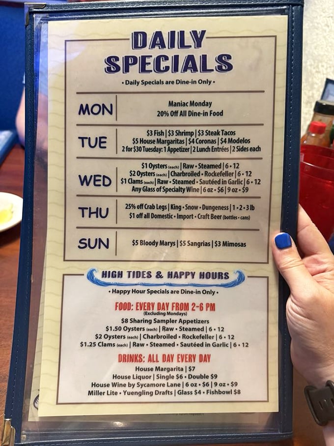 Daily specials that change like the tides, keeping regulars guessing and newcomers delighted with options.