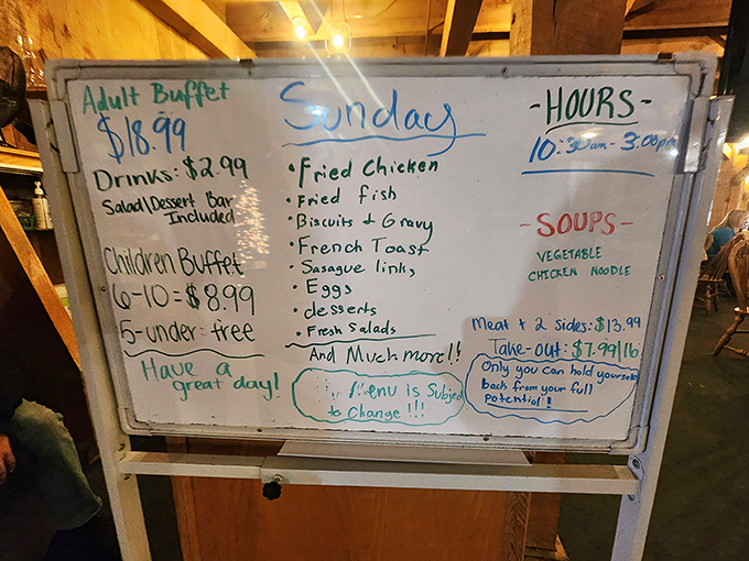 The menu board tells the delicious truth: Sunday's buffet is the stuff of Midwestern legend. Fried chicken and biscuits with gravy? Sign me up twice!