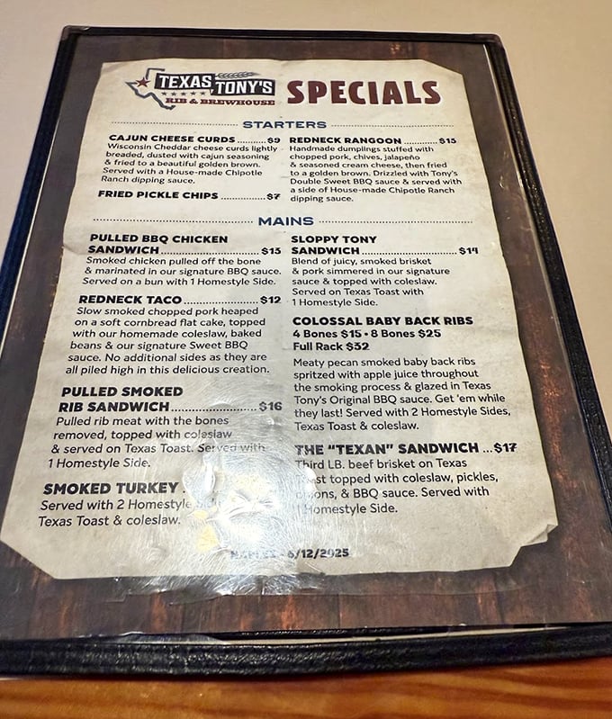 This menu isn't just a list—it's a roadmap to barbecue bliss. The "Colossal Baby Back Ribs" aren't false advertising.