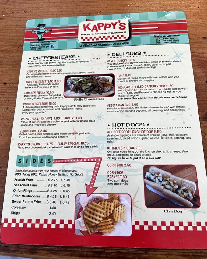 The menu at Kappy's reads like poetry to the hungry—simple, direct, and promising satisfaction that fancy restaurants with cloth napkins can only dream about.