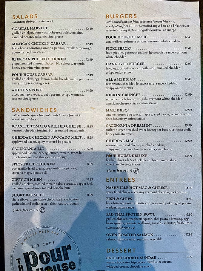 This menu isn't just a list of food—it's a roadmap to happiness with burgers, sandwiches, and seafood treasures waiting to be discovered.