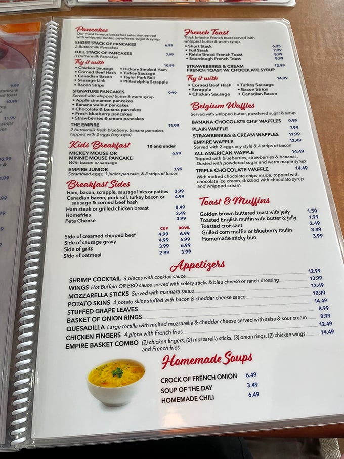 This menu isn't just reading material—it's a roadmap to happiness. The pancake section alone deserves its own ZIP code.