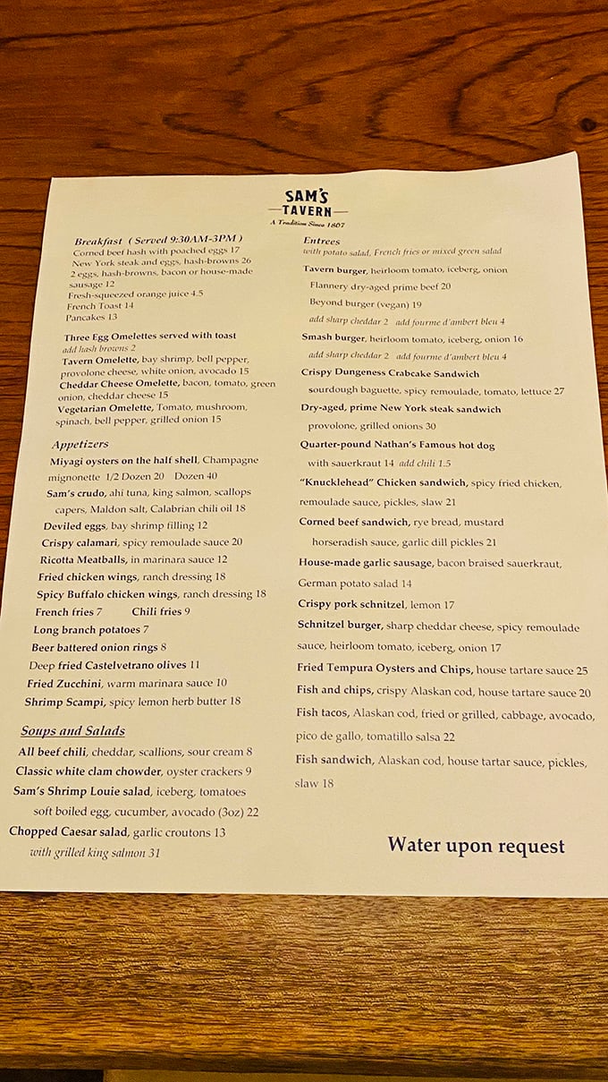 The menu at Sam's reads like a greatest hits album of classic seafood. No QR codes here—just timeless dishes that have earned their place.