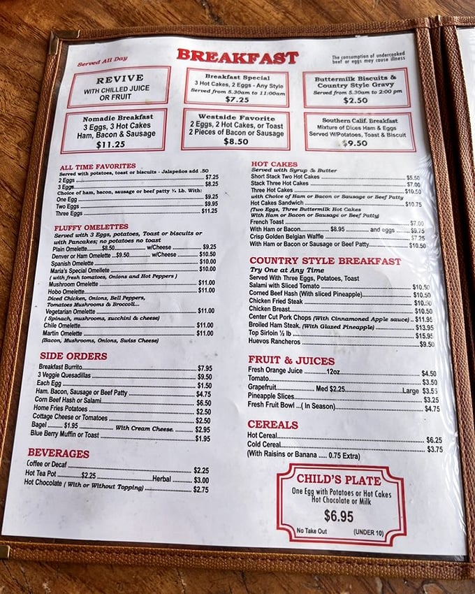 This well-worn menu is like a greatest hits album of breakfast classics. No QR codes or daily specials—just timeless morning masterpieces.