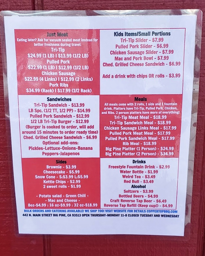 This menu isn't just a list—it's a roadmap to happiness. The Big Pine Platter is basically the barbecue equivalent of hitting the lottery.