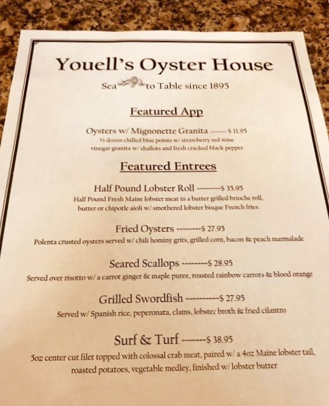 This menu reads like a love letter to the ocean, featuring everything from oysters to surf and turf.