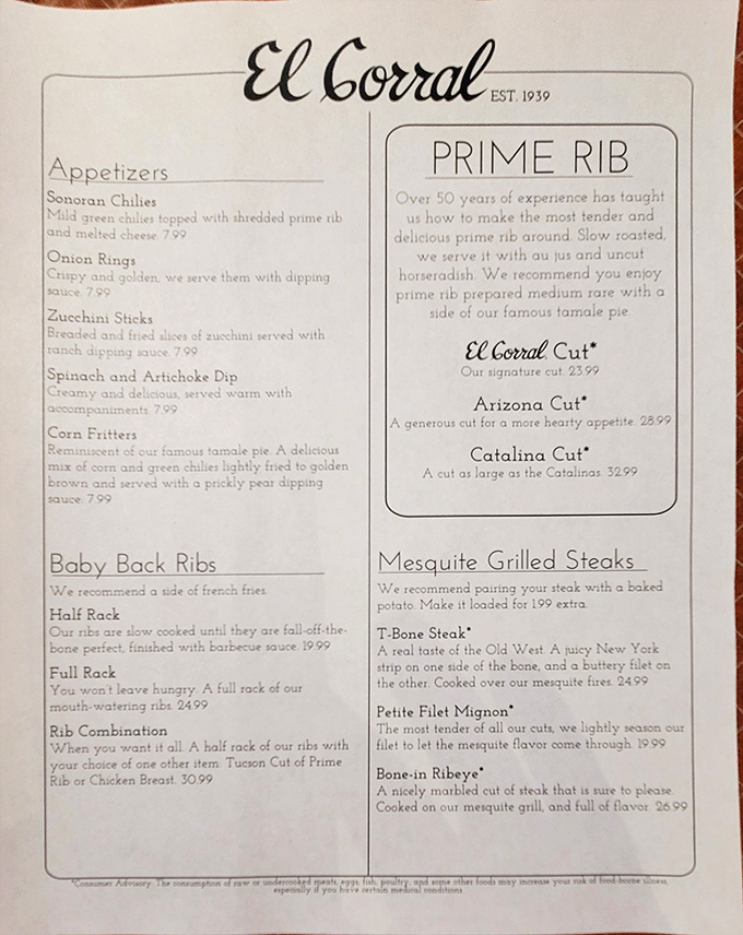 This isn't just a menu—it's a love letter to beef written in mesquite smoke and five decades of grilling wisdom.