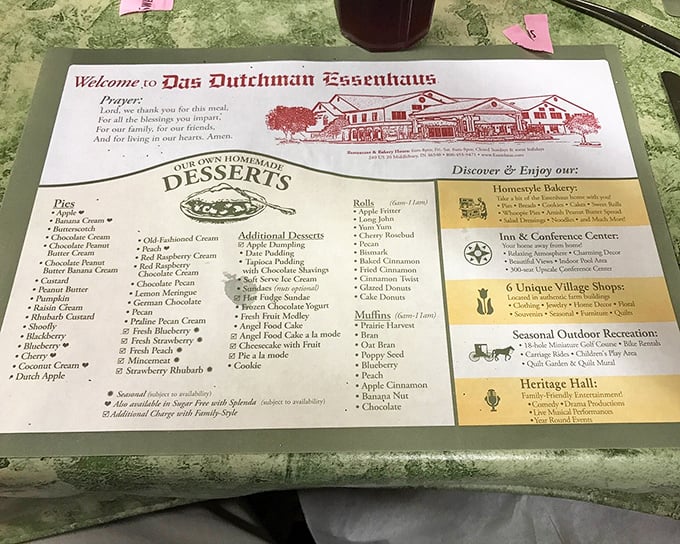 This menu placemat isn't just a list—it's a treasure map to dessert paradise with over 30 varieties of pie waiting to test your willpower.