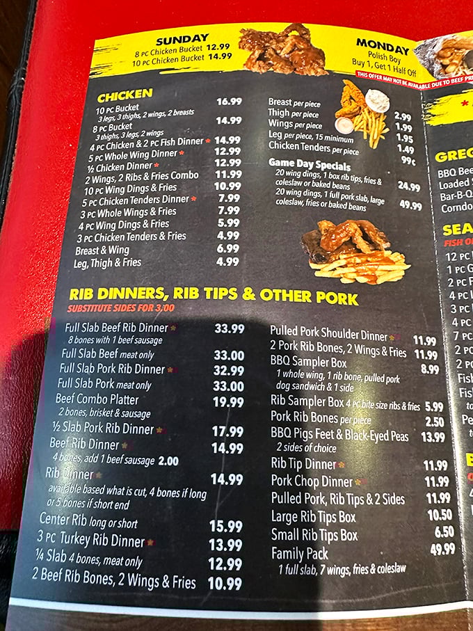 A menu that reads like poetry to carnivores, promising smoky adventures that justify any drive.