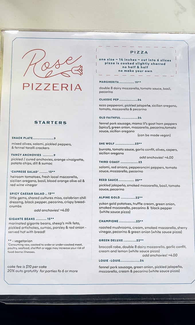 The menu reads like a love letter to pizza perfection—one size, slightly charred, and absolutely no compromises on quality or flavor.