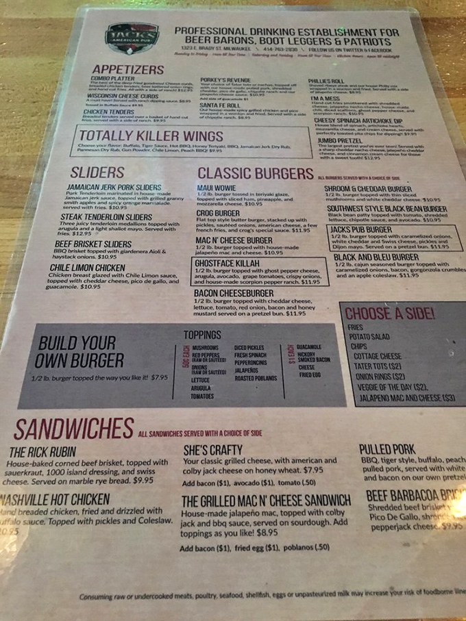 A menu that proudly declares itself a "Professional Drinking Establishment for Beer Barons, Boot Leggers & Patriots" – democracy through dining.
