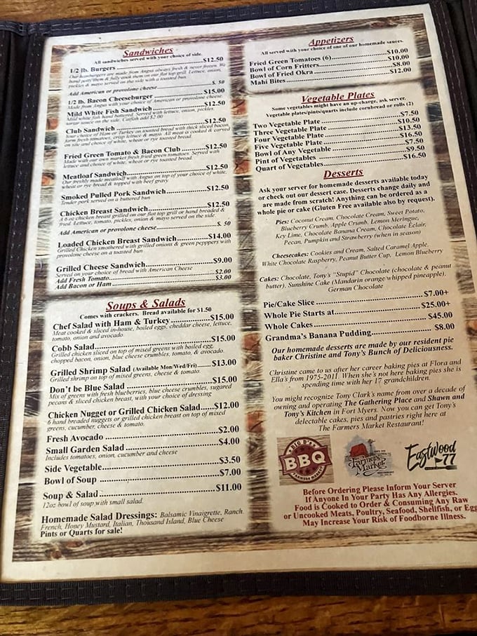 A menu that reads like a love letter to Southern cuisine—where decisions are tough and doggie bags are inevitable.
