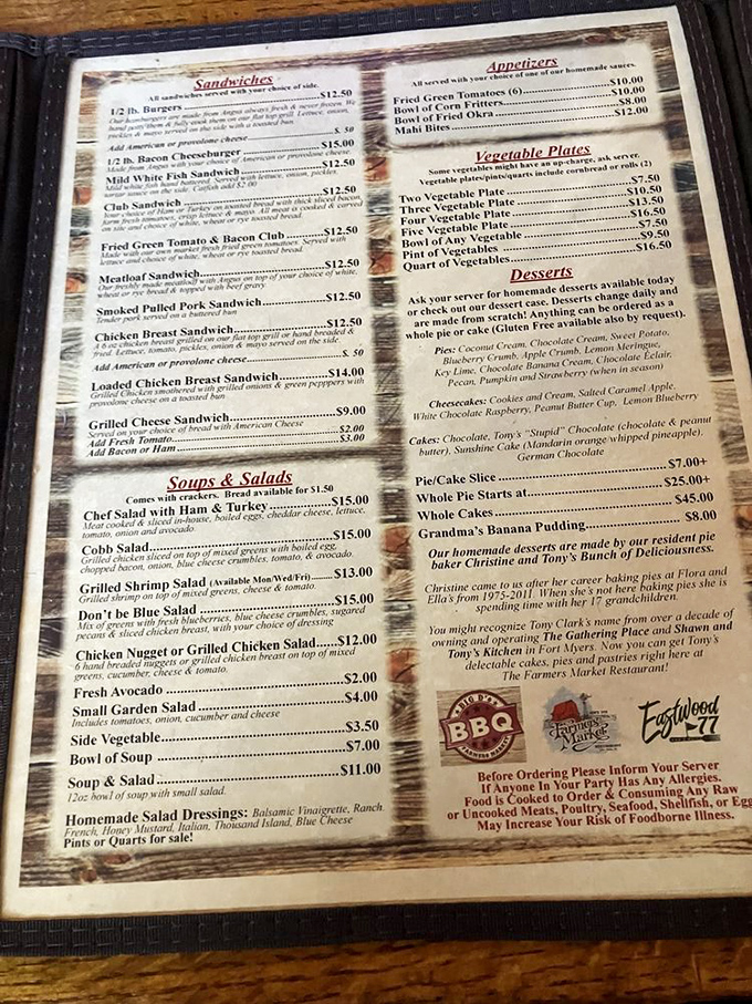 A menu that reads like a love letter to Southern cuisine—where decisions are tough and doggie bags are inevitable.