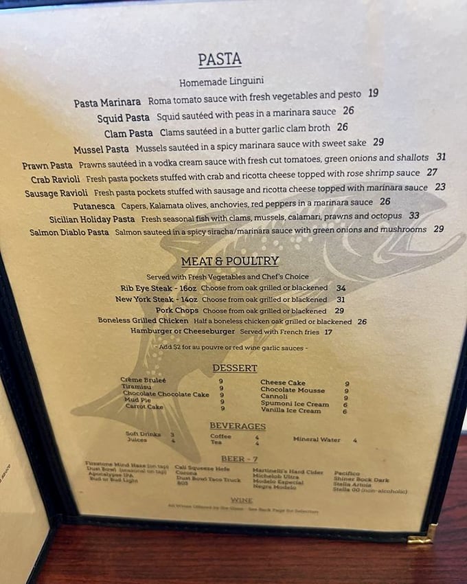 This menu isn't just a list—it's a maritime treasure map. The Sicilian Holiday Pasta is calling my name!