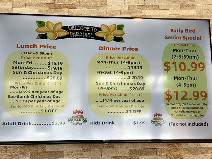 The menu board reveals the secret to happiness: reasonable prices for unlimited food. My grandmother would call this "practical luxury."