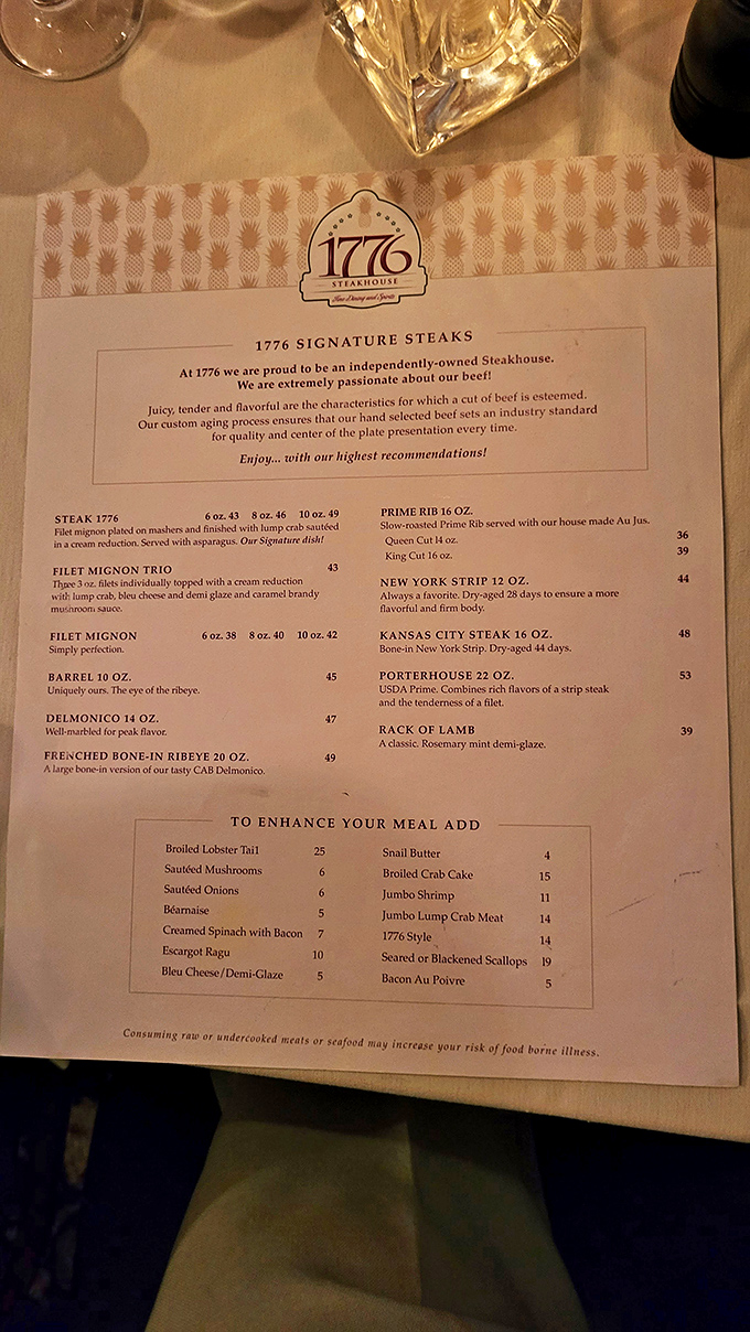 This isn't just a menu—it's a declaration of independence from mediocre steaks, with each carefully described cut promising its own unique pleasure.