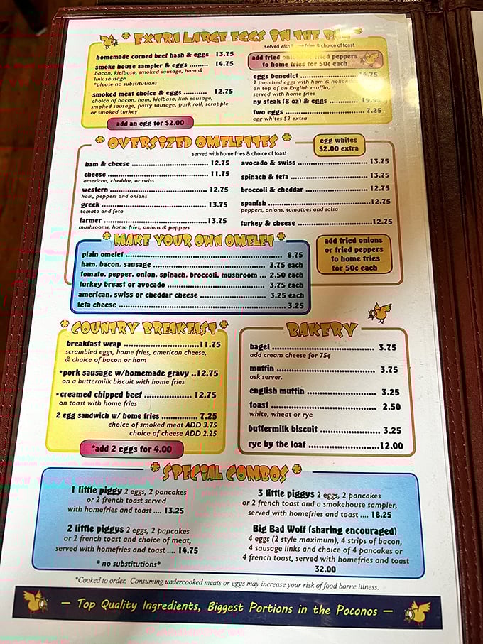 This menu isn't just a list of options—it's a declaration of Pennsylvania Dutch devotion to breakfast. "Big Bad Wolf" isn't just a name; it's a delicious challenge.