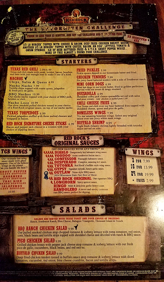 The menu reads like a love letter to indulgence. That "Unforgiven Challenge" isn't just a meal – it's a five-pound monument to American excess.