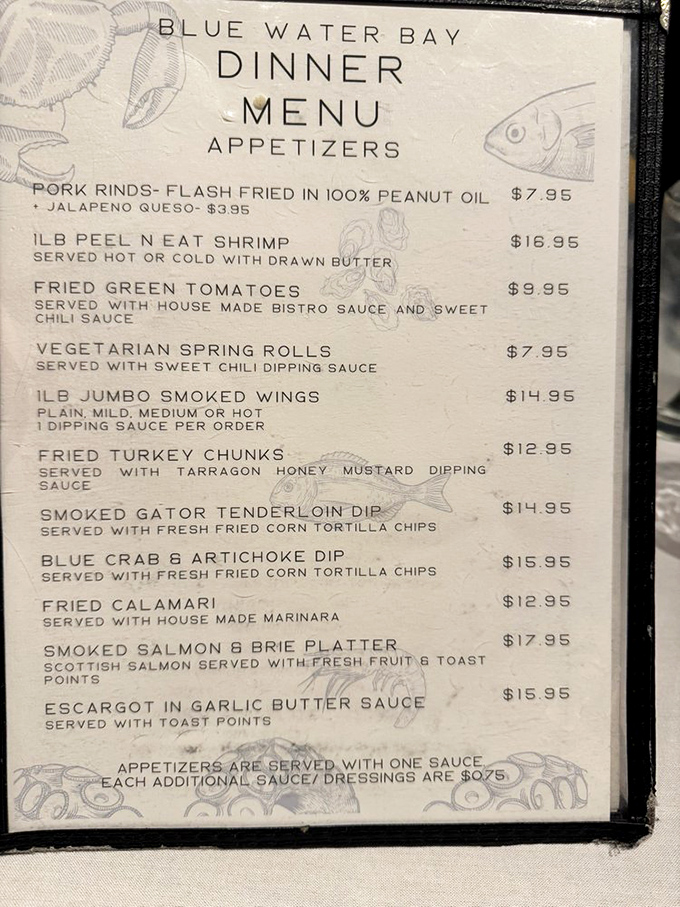 This menu reads like a love letter to seafood lovers. Smoked gator tenderloin dip? Now that's a Florida hello!