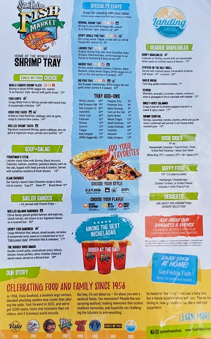 This menu isn't just a list of options—it's a roadmap to seafood nirvana. Choose wisely, my friends.