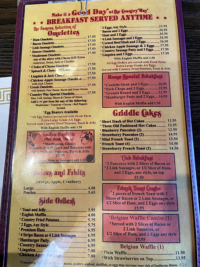 This menu isn't just a list of food—it's a manifesto of morning possibilities. "Breakfast Served Anytime" might be the three most beautiful words in English.