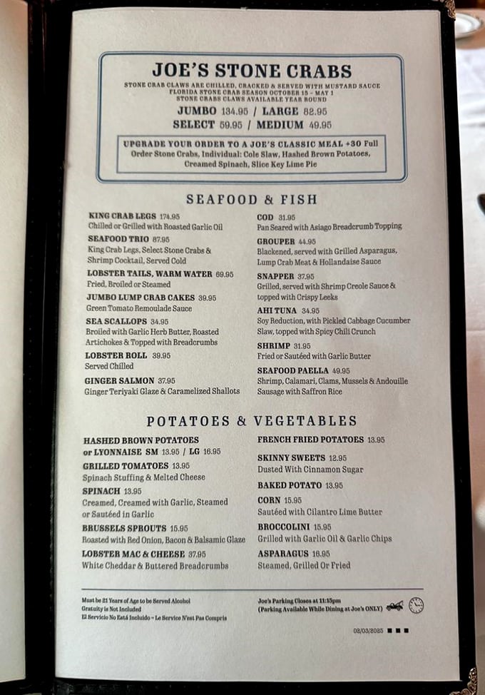 This menu isn't just a list of dishes—it's a maritime treasure map where X marks the spot for those legendary stone crabs.