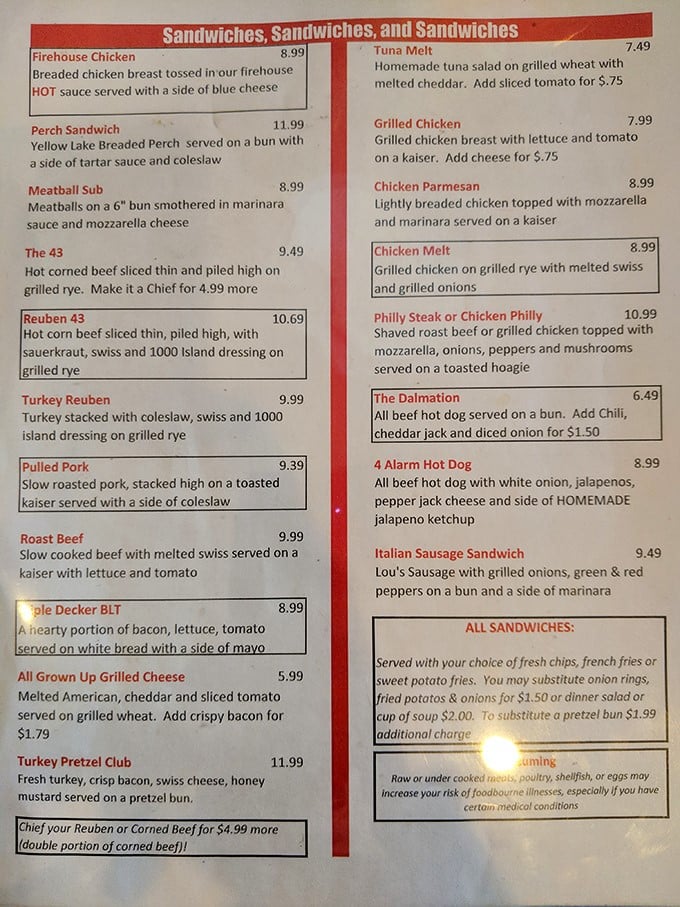 This menu isn't just a list of food—it's a roadmap to happiness. The "Chief your Reuben" option is practically daring you to come hungry.