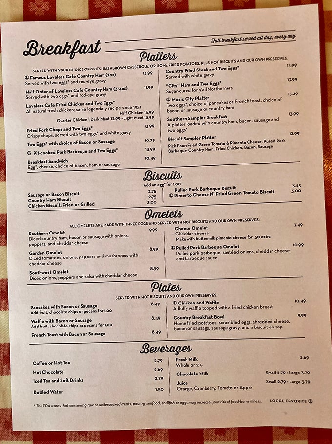 This menu isn't just a list of dishes—it's a roadmap to Southern culinary paradise where breakfast reigns supreme all day.
