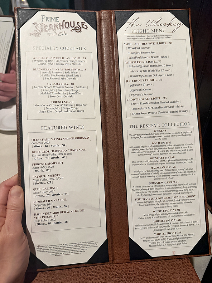 This isn't just a menu—it's a roadmap to happiness. The whiskey flight section alone could make a grown carnivore weep with joy.