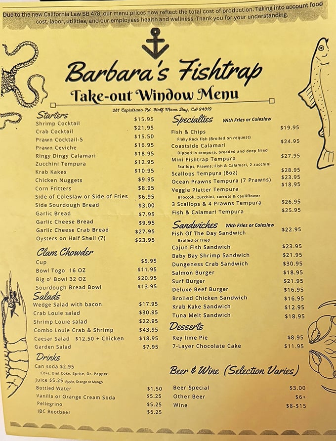 This menu isn't just a list of dishes—it's a treasure map to oceanic delights that have kept locals coming back for decades.