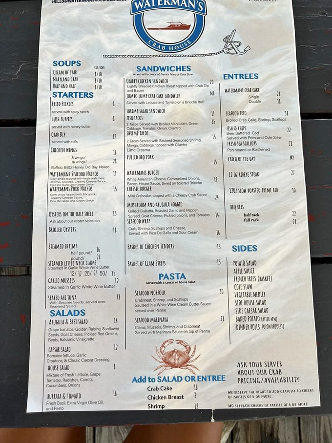 This menu isn't just a list of options—it's a treasure map to Maryland's finest seafood bounty. Choose your adventure wisely!