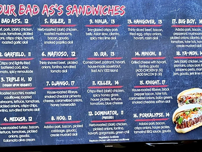 This isn't just a menu – it's a roadmap to sandwich nirvana. Each cleverly named creation promises its own unique flavor journey.