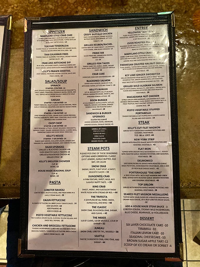 This menu isn't just a list of dishes—it's a treasure map where X marks the spot for Maryland-style crab cakes and steam pots that would make coastal restaurants jealous.